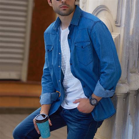 Denim Style Button Up Shirt Light Blue Denim Fashion Shirts