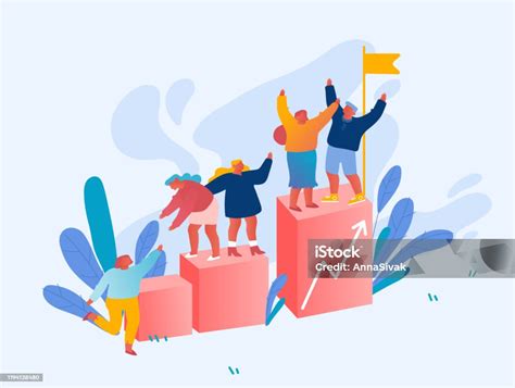 팀워크 및 리더십 개념 리더와 함께 열 차트를 등반 비즈니스 팀은 상단에 게양 플래그와 함께 서 사업가들은 팀원들을 성공의 정점에 끌어들입니다 만화 플랫 벡터 일러스트