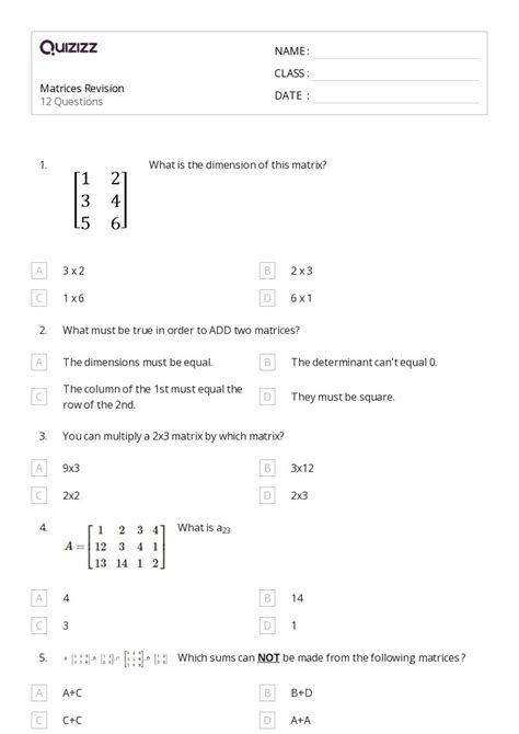 50 Matrices Worksheets For 8th Class On Quizizz Free Printable
