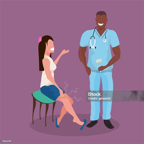 미국 아프리카계 미국인 신경과 전문의 테스트 무릎 반사 청진 기를 사용 하 여 환자 의사에 게 험 머 의학 헬스케어 개념 만화 캐릭터 전체 길이 플랫 건강 진단에 대한 스톡