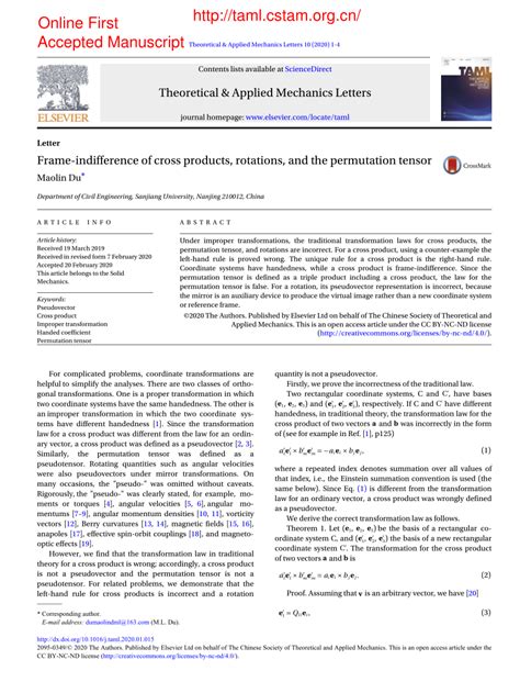 Pdf Frame Indifference Of Cross Products Rotations And The Permutation Tensor