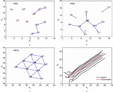 flocking of ten agents following the virtual leader with varying