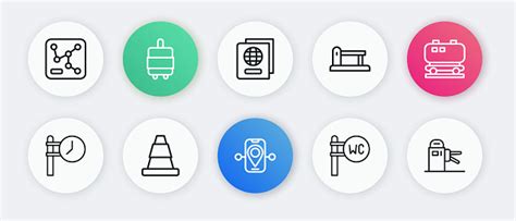 라인 경로 위치 석유 철도 수조 기차역 시계 화장실 철도 장벽 여권 개찰구 및 교통 원뿔 아이콘을 설정합니다 벡터 건네주기에 대한 스톡 벡터 아트 및 기타 이미지 Istock