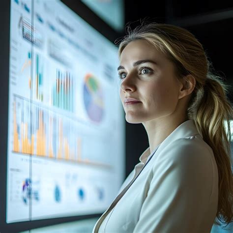 Caucasian Businesswoman Looking At A Data Screen Premium Ai Generated