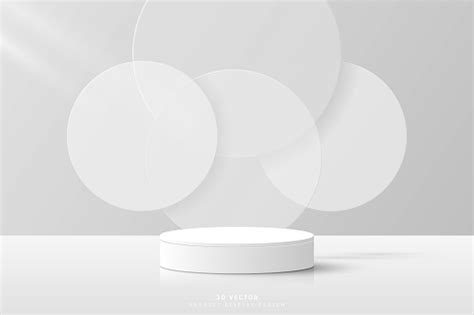 추상적인 현대 흰색 3d 실린더 연단 받침대 또는 제품 디스플레이 스탠드는 원형 유리가 겹치고 공중에 떠 있습니다 쇼 화장품 또는 제품 프레젠테이션을 위한 최소한의 장면
