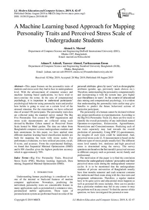 Pdf A Machine Learning Based Approach For Mapping Personality Traits And Perceived Stress