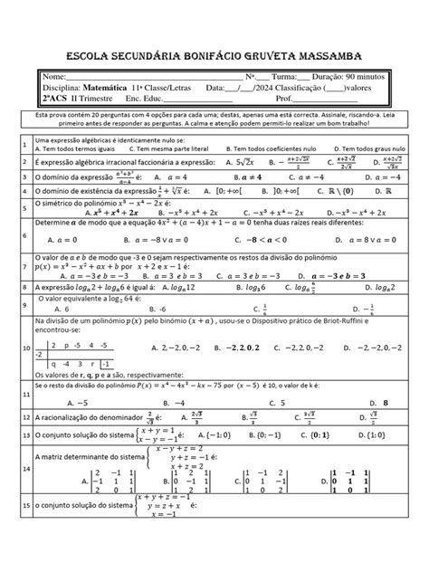 Teste De Matematica 11 Classe 085045 Pdf Número Real Divisão Matemática