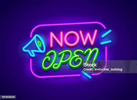 이제 배너를 엽니 다 메가 폰네온 빛나는 간판 정보 메시지 나이트 클럽 상점 상점 회사에 대한 서명 긴급 개념에 대한 스톡 벡터 아트 및 기타 이미지 Istock