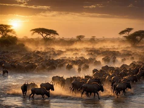 Great Wildebeest Migration River Crossing At Sunset Stock Image