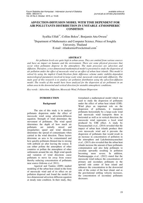 Pdf Advection Diffusion Model With Time Dependent For Air Pollutants