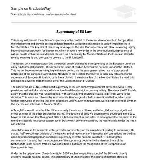 Supremacy Of Eu Law 1940 Words Free Essay Example On Graduateway