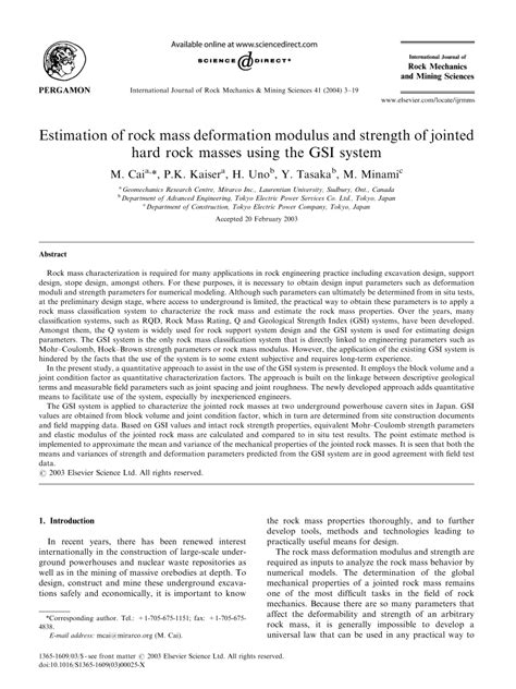 Pdf Estimation Of Rock Mass Deformation Modulus And Strength Of