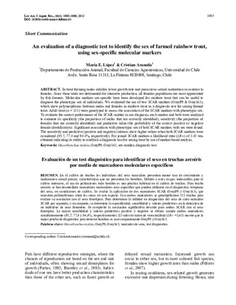 Pdf An Evaluation Of A Diagnostic Test To Identify The Sex Of Farmed Rainbow Trout Using Sex