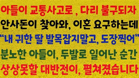 아들이 교통사고로 다리를 잃자 안사돈이 찾아와 이혼을 요구하며 내 소중한 딸을 괴롭히지 말고 이혼을 합시다라고 말하며 예상치 못한 반전이 Youtube