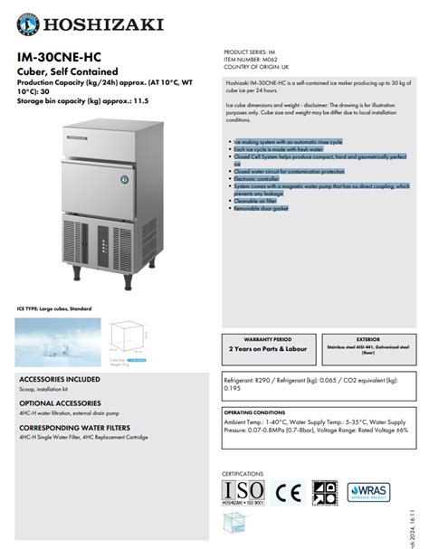 Hoshizaki Im 130ne Hc 32 Ice Cube Maker Extra Large Cubes Makes 100kg