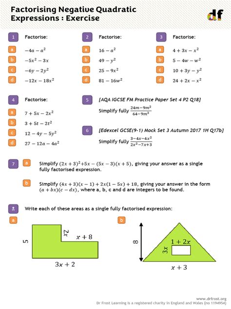 Factorising Negative Quadratic Expressions Exercise Pdf