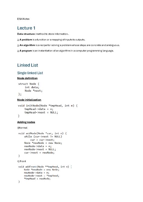 Dsa Notes Dsa Notes Lecture 1 Data Structure Method To Store Information A Problem Is A