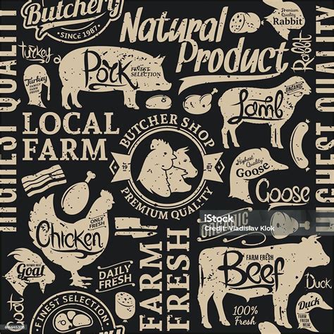 복고풍 스타일 타이포그래피 벡터 도살자 원활한 패턴 또는 Bac 정육점에 대한 스톡 벡터 아트 및 기타 이미지 정육점 패턴 베이컨 Istock