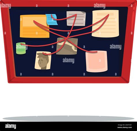 Classic Detective Investigation Board With Evidence Photos And Notes Connected With Red String
