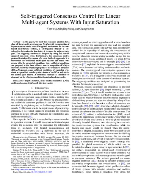 Pdf Self Triggered Consensus Control For Linear Multi Agent Systems With Input Saturation