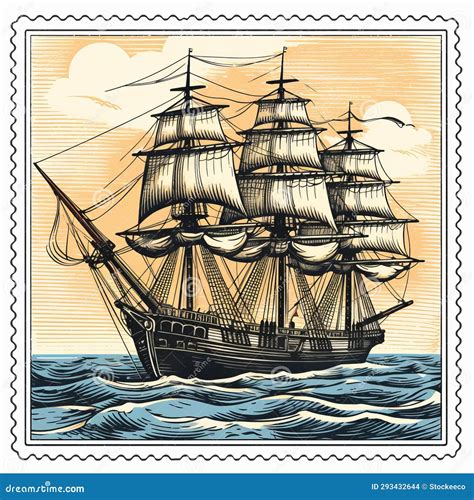 Vintage Stamp Illustration Of A Sailing Ship In Religious Iconography