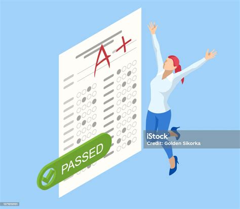 A 플러스 등급 평면 디자인과 등각 시험 시트 좋은 시험 결과의 기쁨 시험이 통과됩니다 검사 보기에 대한 스톡 벡터 아트 및 기타 이미지 Istock