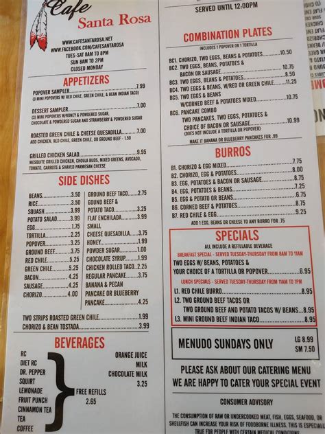 Menu At Cafe Santa Rosa Tucson S 6th Ave