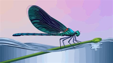 Vibrant Dragonfly On A Water Lily Stem With Serene Background Stock