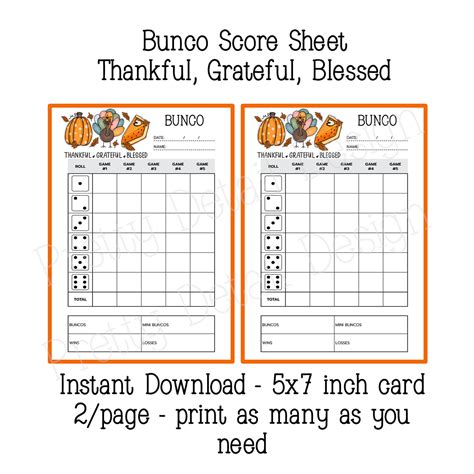 Printable Bunco Thanksgiving Scorecard Score Sheet Bunko Party Fall