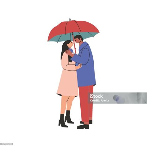 우산을 든 커플 우기 파라솔을 들고 비를 맞으며 서 있는 만화 남자 여자 캐릭터 벡터 그림 가을에 대한 스톡 벡터 아트 및 기타 이미지 Istock