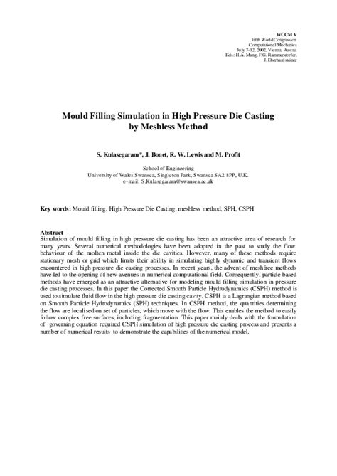 pdf mould filling simulation in high pressure die casting by meshless