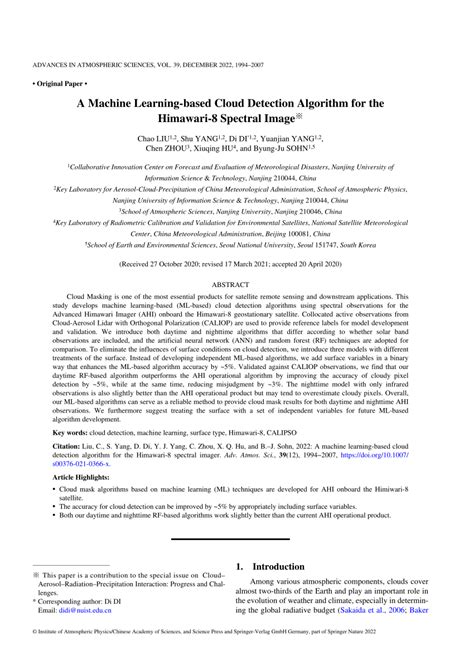 Pdf A Machine Learning Based Cloud Detection Algorithm For The Himawari 8 Spectral Image