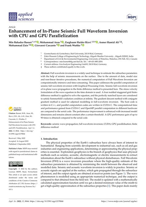 Pdf Enhancement Of In Plane Seismic Full Waveform Inversion With Cpu And Gpu Parallelization