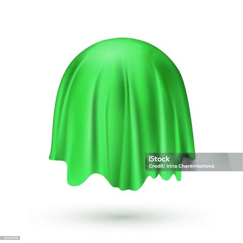 둥근 물체를 덮는 녹색 천 커튼 깜짝 선물에 매달려 있는 실크 패브릭은 벡터 일러스트레이션을 공개합니다 베일 장식 아래 숨겨진