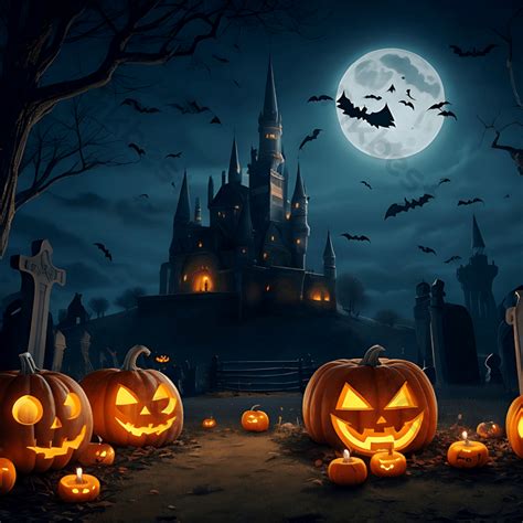 Halloween Background With Scary Pumpkins Candles In The Graveyard At