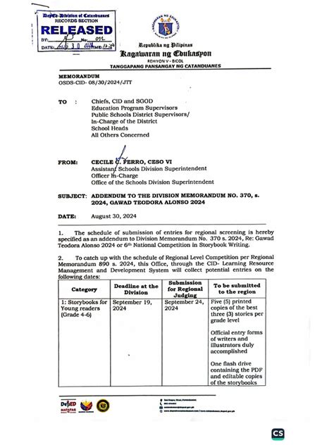 Rec Dac 072 S2024 Addendum To The Diviison Memo No 370 S2024