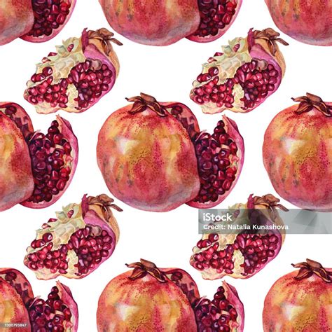 흰색 배경에 분리 된 씨앗과 원활한 패턴 수채화 붉은 석류 메뉴 섬유를 위한 아트 크리에이티브 가넷 오브젝트 0명에 대한 스톡