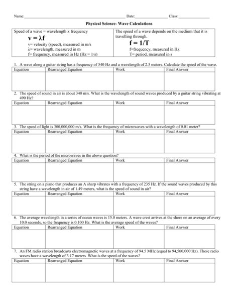 Wave Calculations Worksheet Physics Problems And Solutions