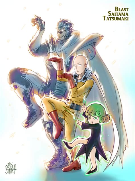 tatsumaki saitama and blast one punch man and 1 more drawn by the
