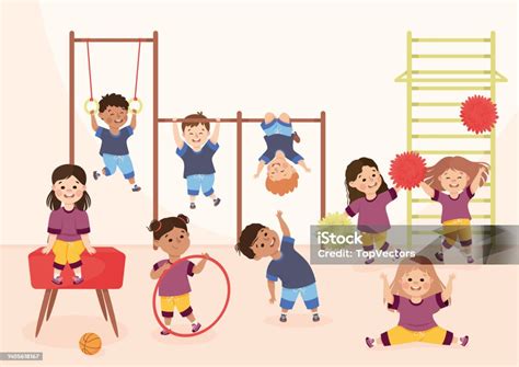 학교에서 수업 중 다양한 스포츠를하는 체육 교육에 종사하는 어린이 벡터 일러스트 레이 션 체육에 대한 스톡 벡터 아트 및 기타