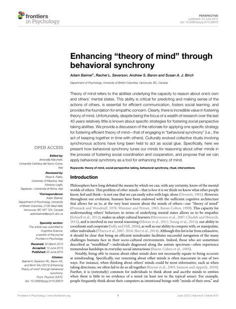 Pdf Enhancing “theory Of Mind” Through Behavioral Synchrony
