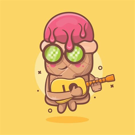 시원한 아이스크림은 평면 스타일 디자인의 기타 고립 된 만화를 연주하는 콘 캐릭터 마스코트를 사용합니다 프리미엄 벡터