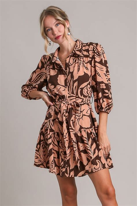 Umgee Full Size Two Tone Floral Print Puff Sleeve Tie Waist Dress Plus