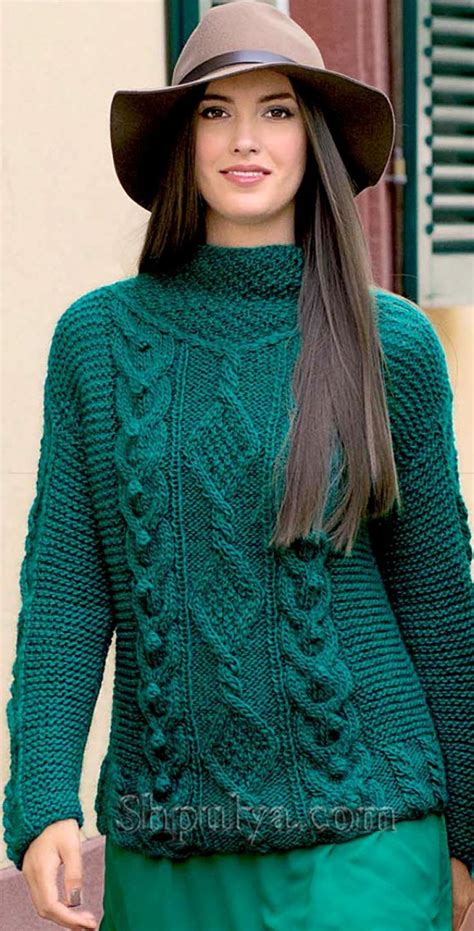Изумрудный пуловер с узором из кос вязаный спицами แพทเทิร์นนิตติ้ง นิตติ้ง