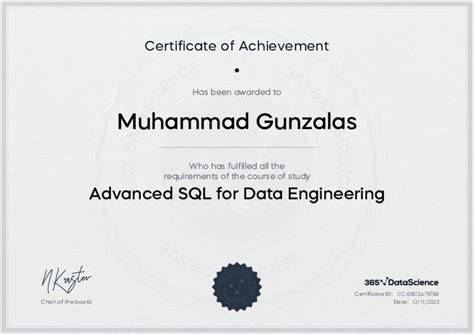 Certificate Of Achievement Advanced Sql For Data Engineering 365 Data Science Muhammad Gunzalas