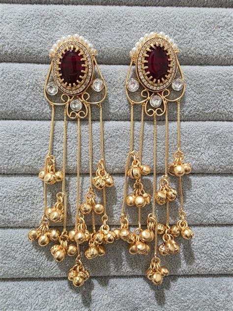 Maroon Kashmiri Long Earrings Gold Plated Long Ghungroo Dangler