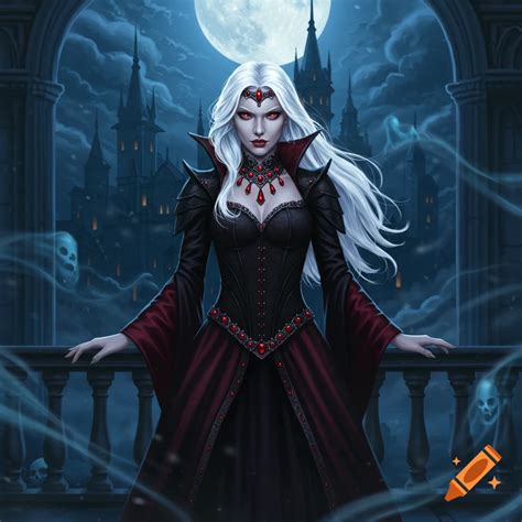 A White Haired Vampire Princess With Red Eyes Stands On A Balcony