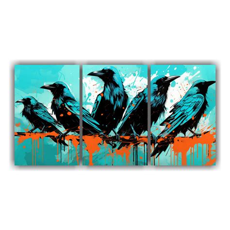 Cuadros Cuervo Y Cuervos En Turquesa Y Negro Set 3 Telas En Bastidor Fotografia Decocuadros