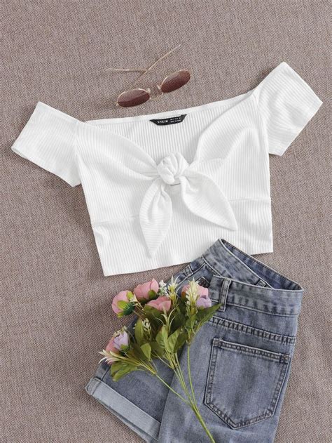 Knot Front Rib Knit Bardot Top Shein Usa Girls Fashion Clothes