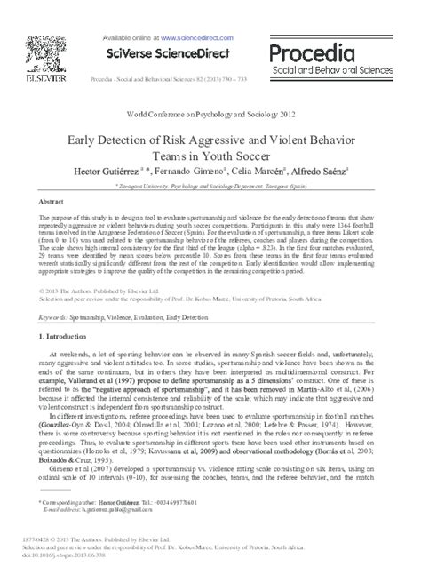 Pdf Early Detection Of Risk Aggresive And Violent Behavior Teams In Youth Soccer